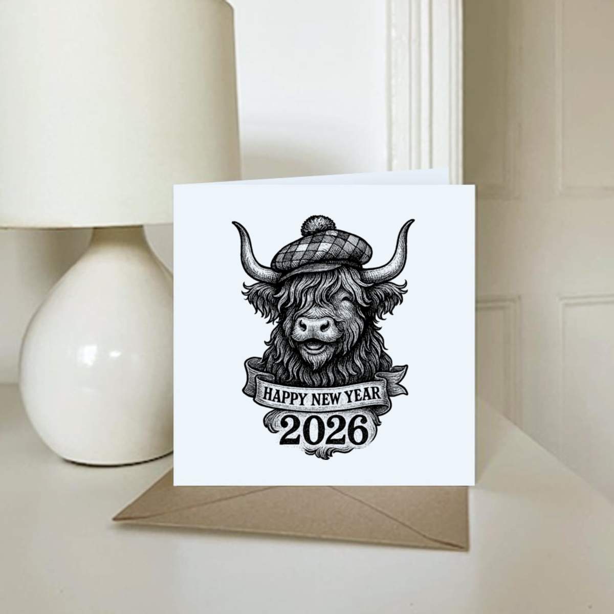 'Happy New Year 2026 Highland Cow ' Blank Greeting Card (GC00084779)